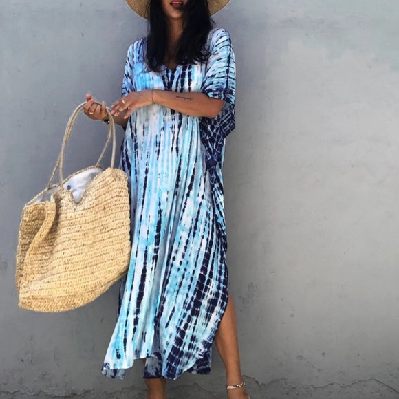 Dresses | New Bohemian Tie Dye Kimono Maxi Tunic Dress Beach Cover Up ...